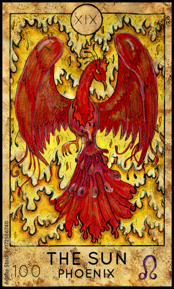 Sun. Phoenix. Fantasy Creatures Tarot full deck. Major arcana Stock ...