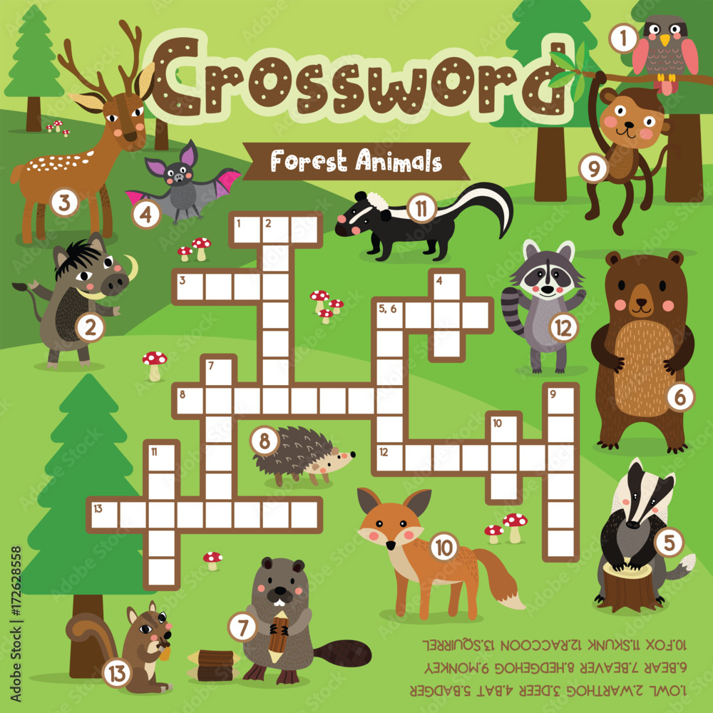 Crosswords puzzle game of forest animals for preschool kids activity ...