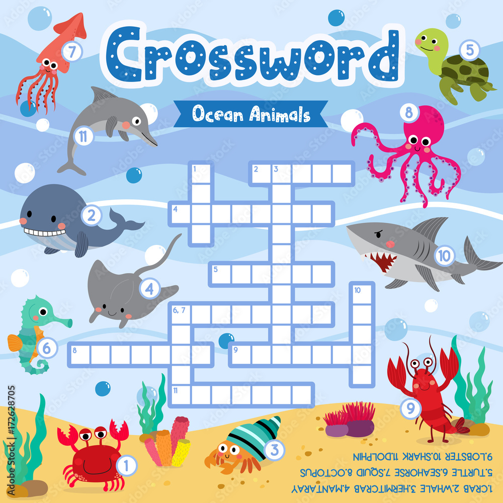 Crosswords puzzle game of ocean animals for preschool kids activity ...