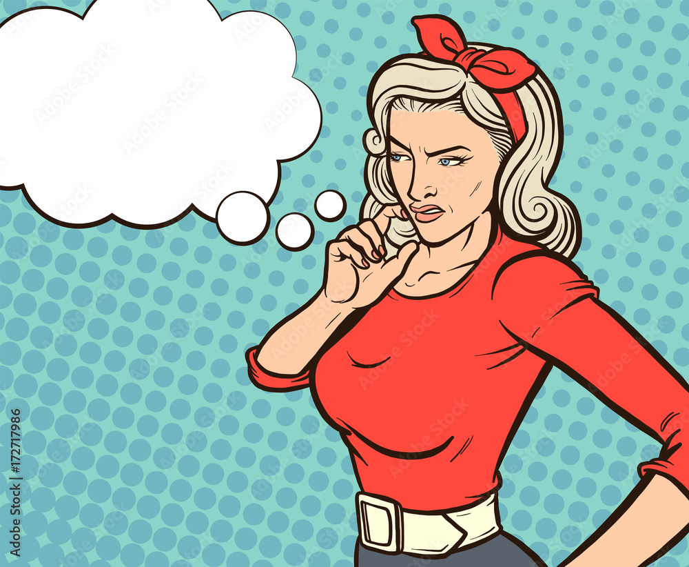Thinking retro woman comic book character. Vector illustration. Some ...