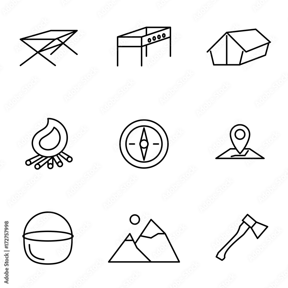 Vector illustration of thin line icons for campsite. Editable line ...