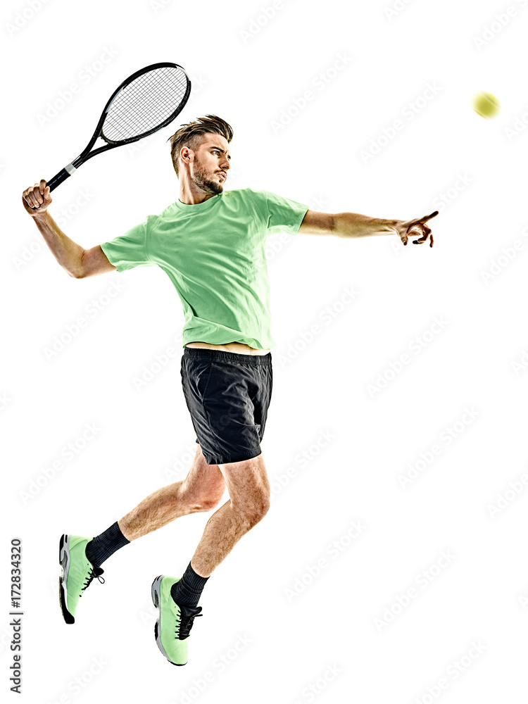 one caucasian man playing tennis player isolated on white background ...