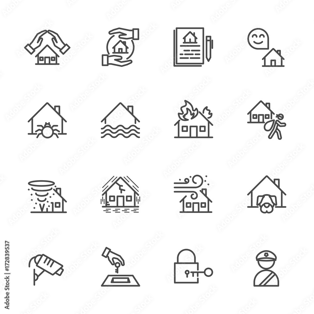 House, Property insurance, Vector illustration of thin line icons for ...