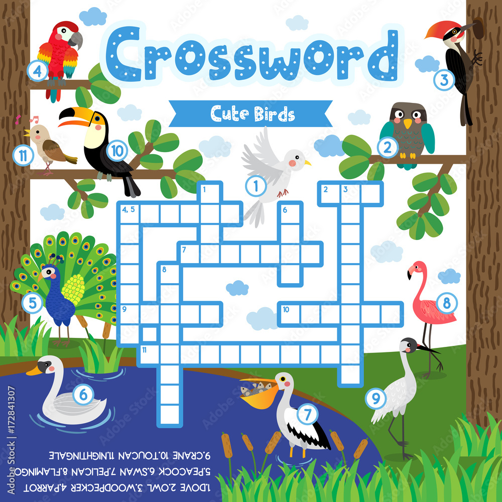 Crosswords puzzle game of cute birds animals for preschool kids ...
