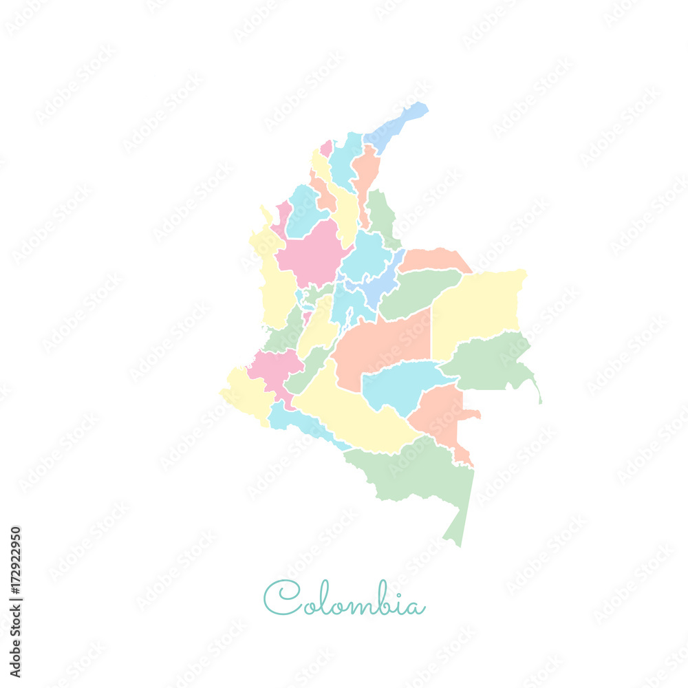 Colombia region map: colorful with white outline. Detailed map of ...