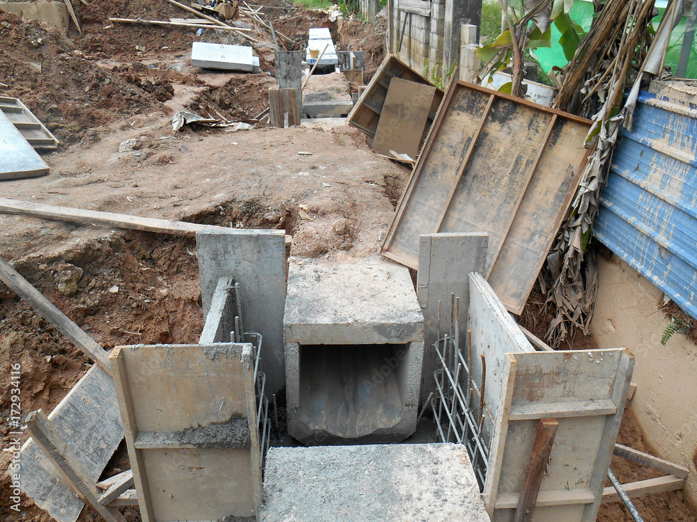 Underground precast concrete drainage under construction at the ...