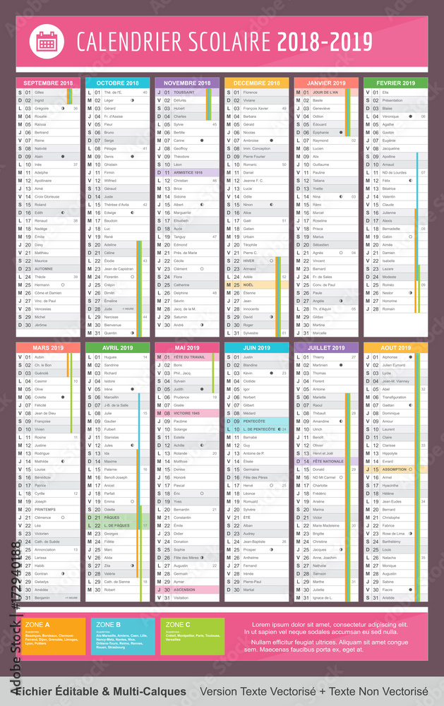 เวกเตอร์ Stock Calendrier Scolaire 2018-2019 | Adobe Stock