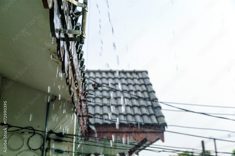 rain water falling from old roof when rain falling. Stock Photo | Adobe ...