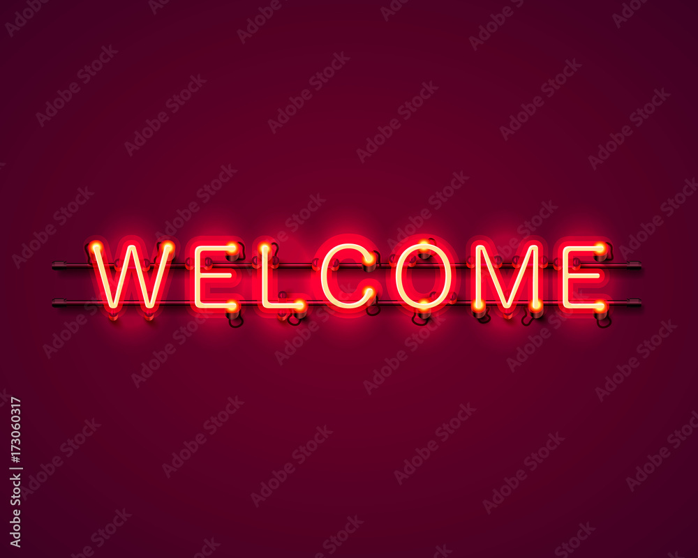 Neon welcome signboard on the red background. Vector illustration Stock ...