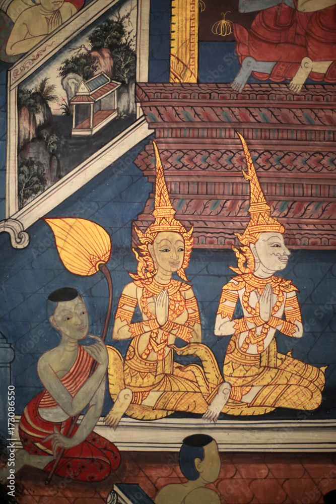 Life of Buddha. Mural detail on inner walls of the Vihara from the era ...