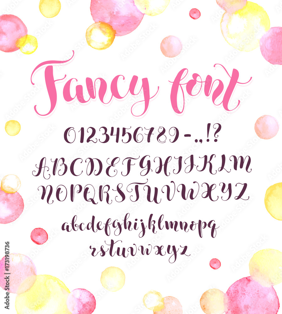 Fancy calligraphy font with watercolor spots isolated on background ...