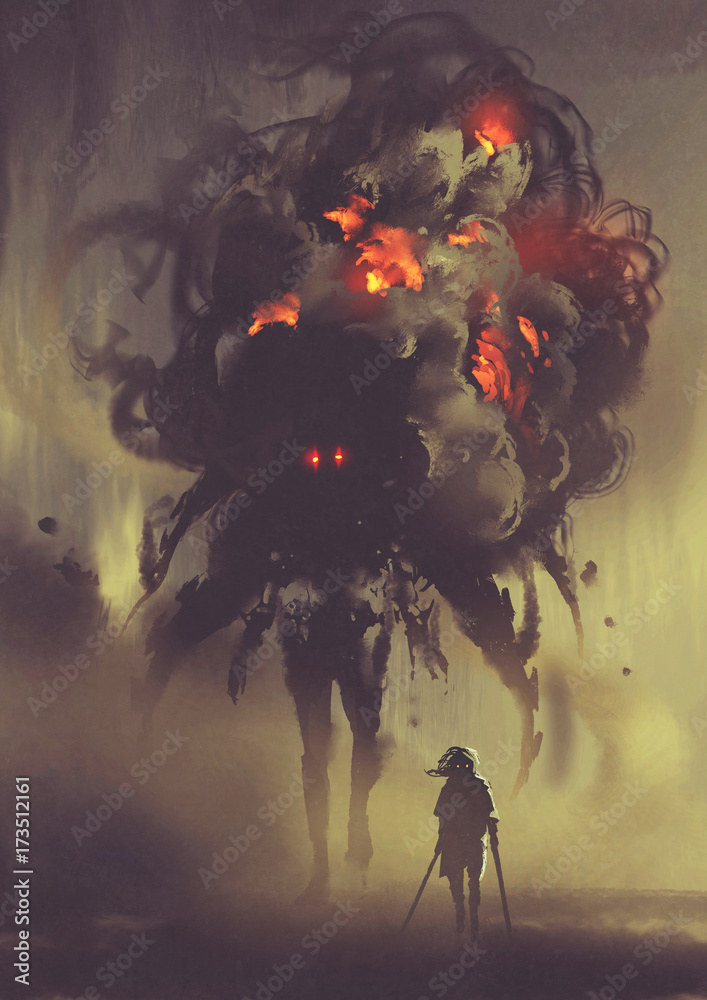 man holding twin swords standing with giant smoke monster, digital art ...