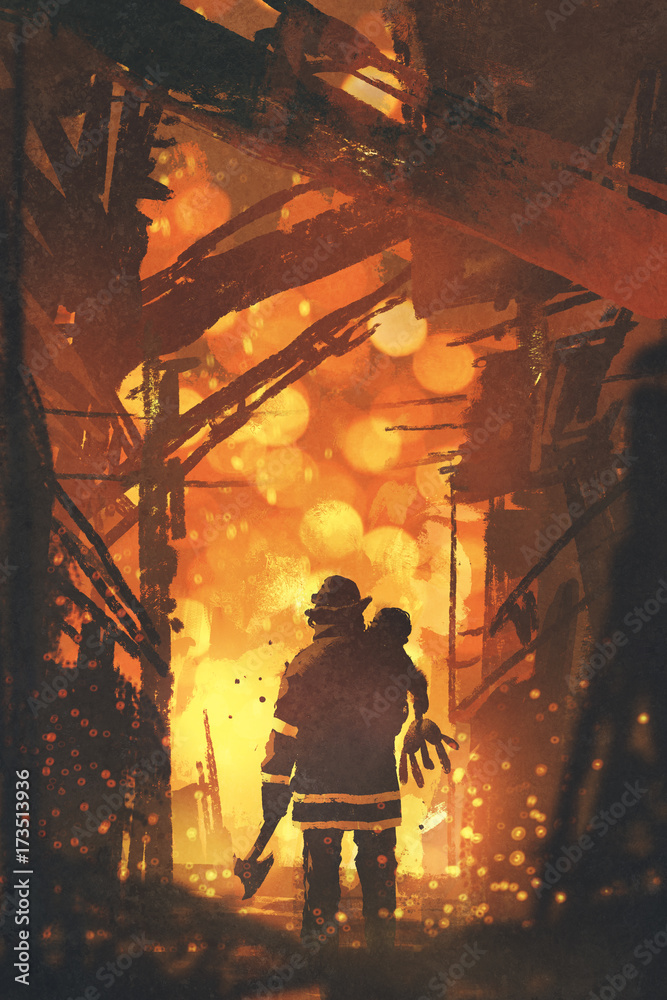 back view of firefighter holding child standing in house on fire ...