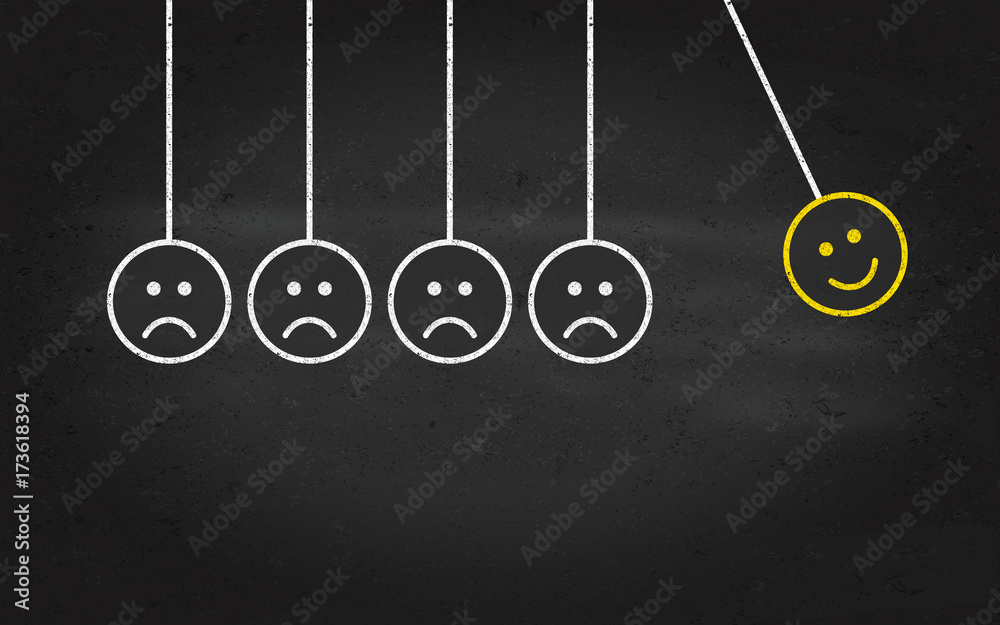Emoticon or emoji, happy and sad chalk face drawing on blackboard in ...