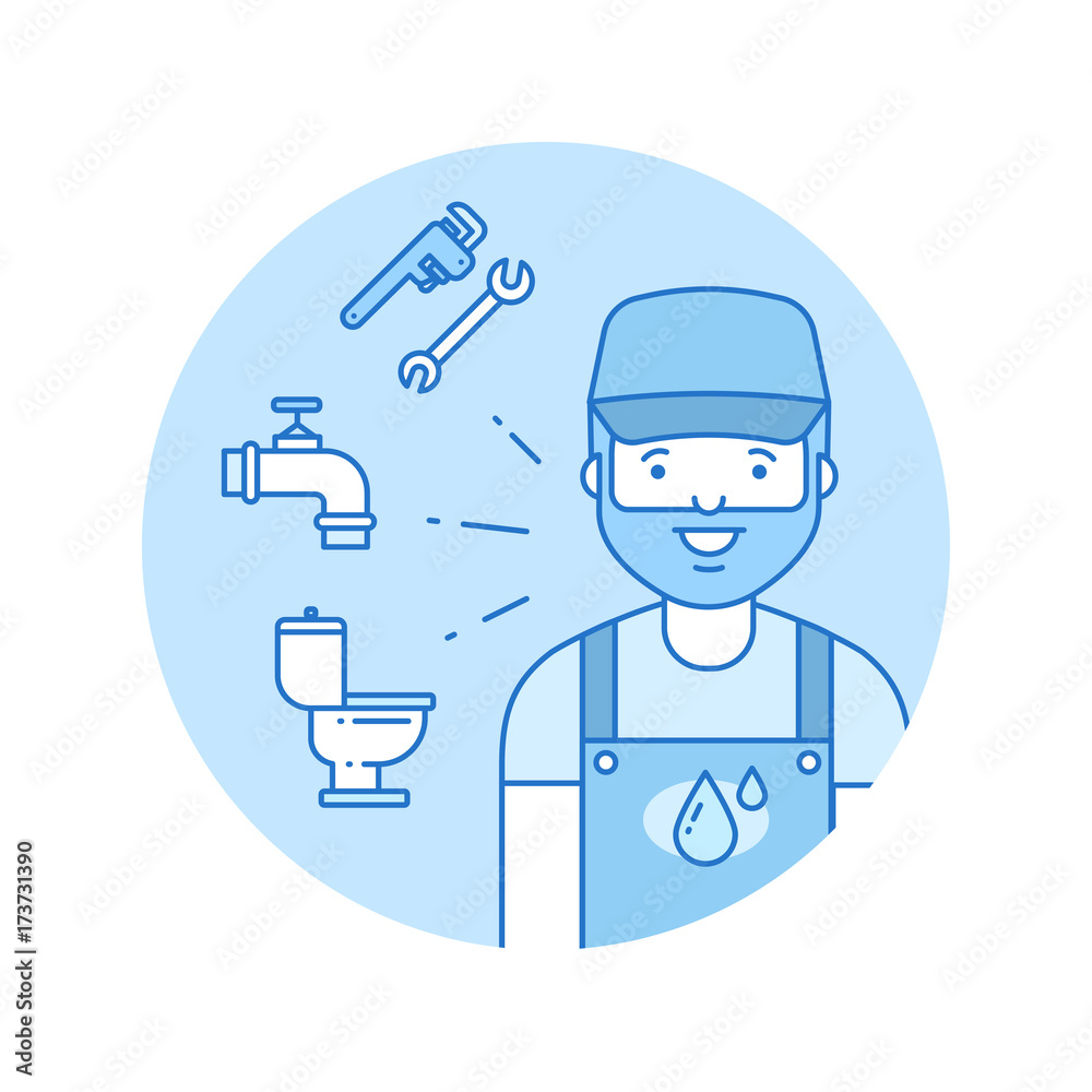 Plumber icon on the blue circle background with worker, toilet bowl ...
