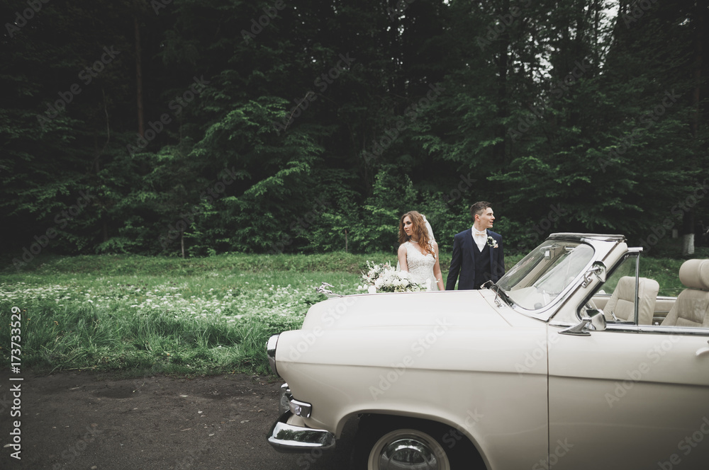 Just married couple in the luxury retro car on their wedding day Stock ...