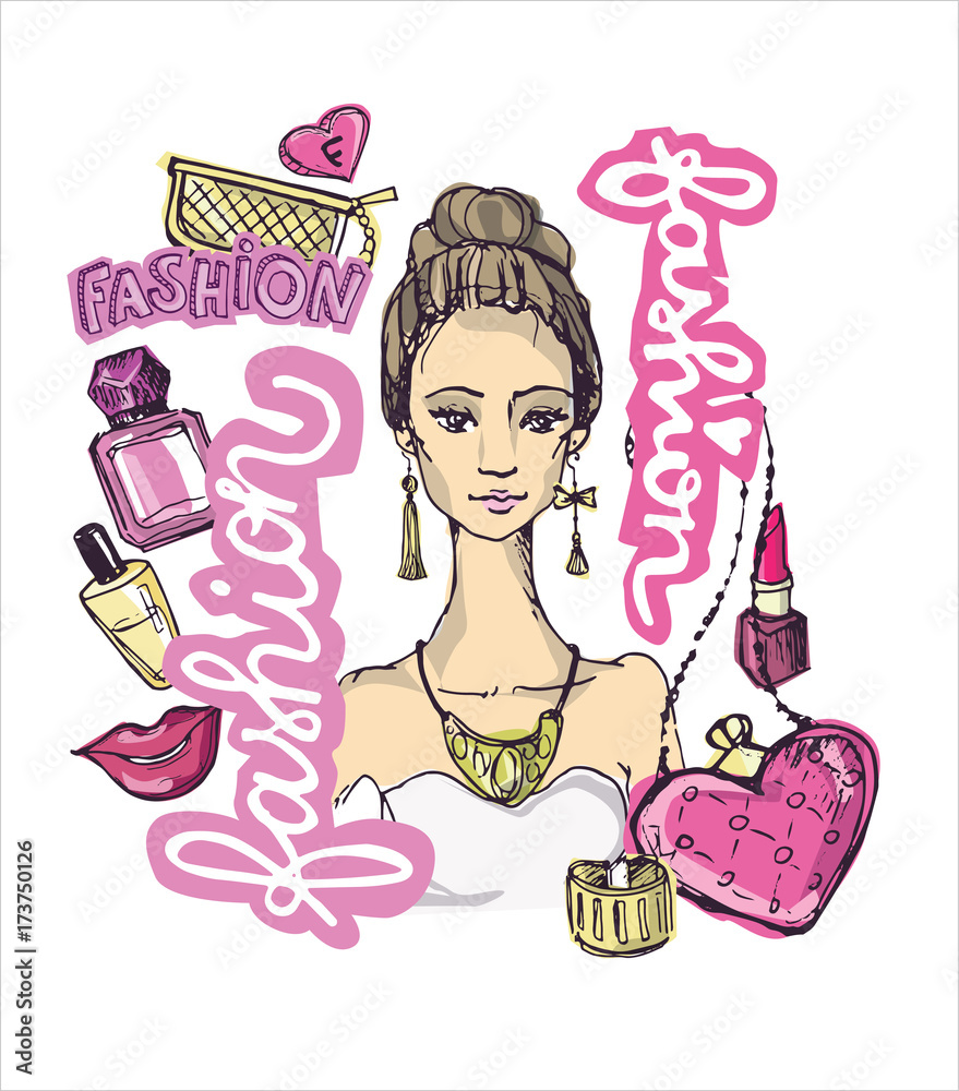 Big vector fashion sketch set. Hand drawn graphic lips, perfume ...