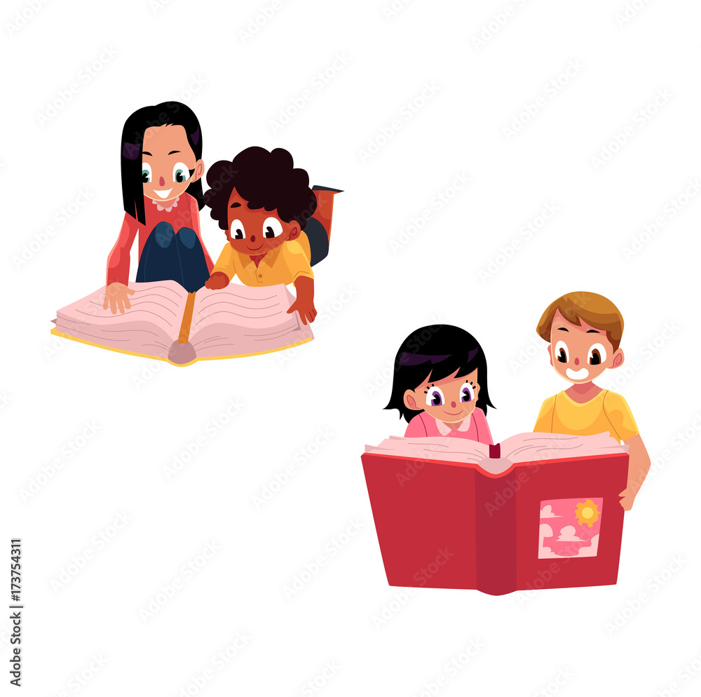 Kids Reading Together Cartoon