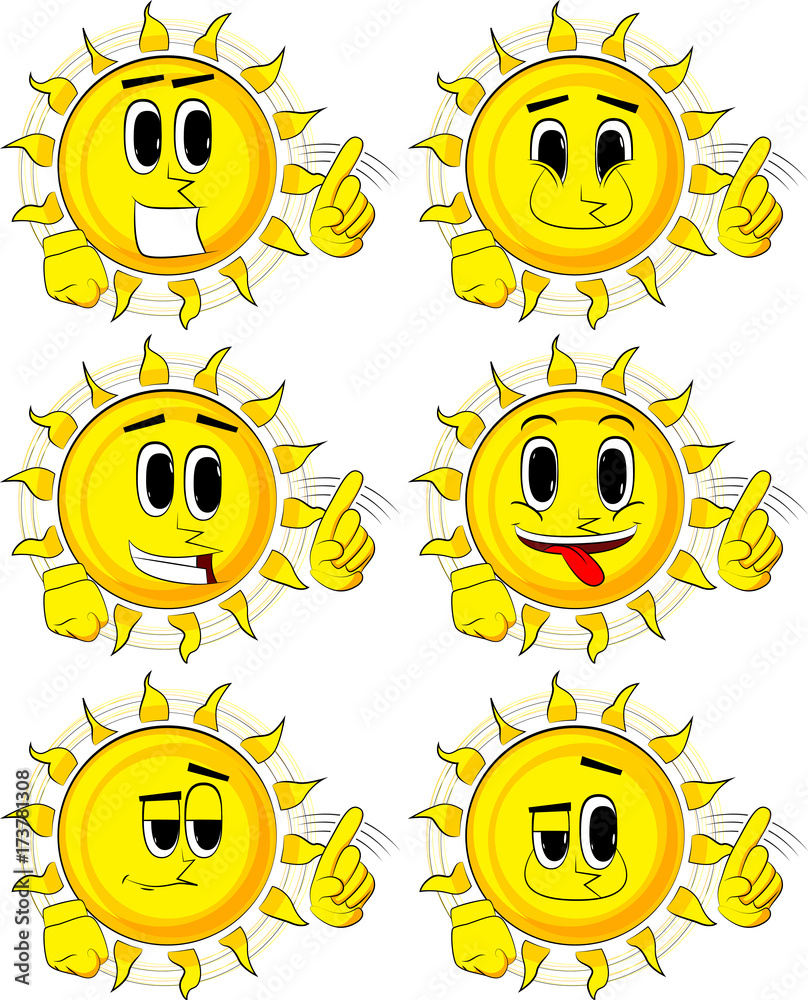Cartoon sun with hands in rocker pose. Collection with happy faces ...