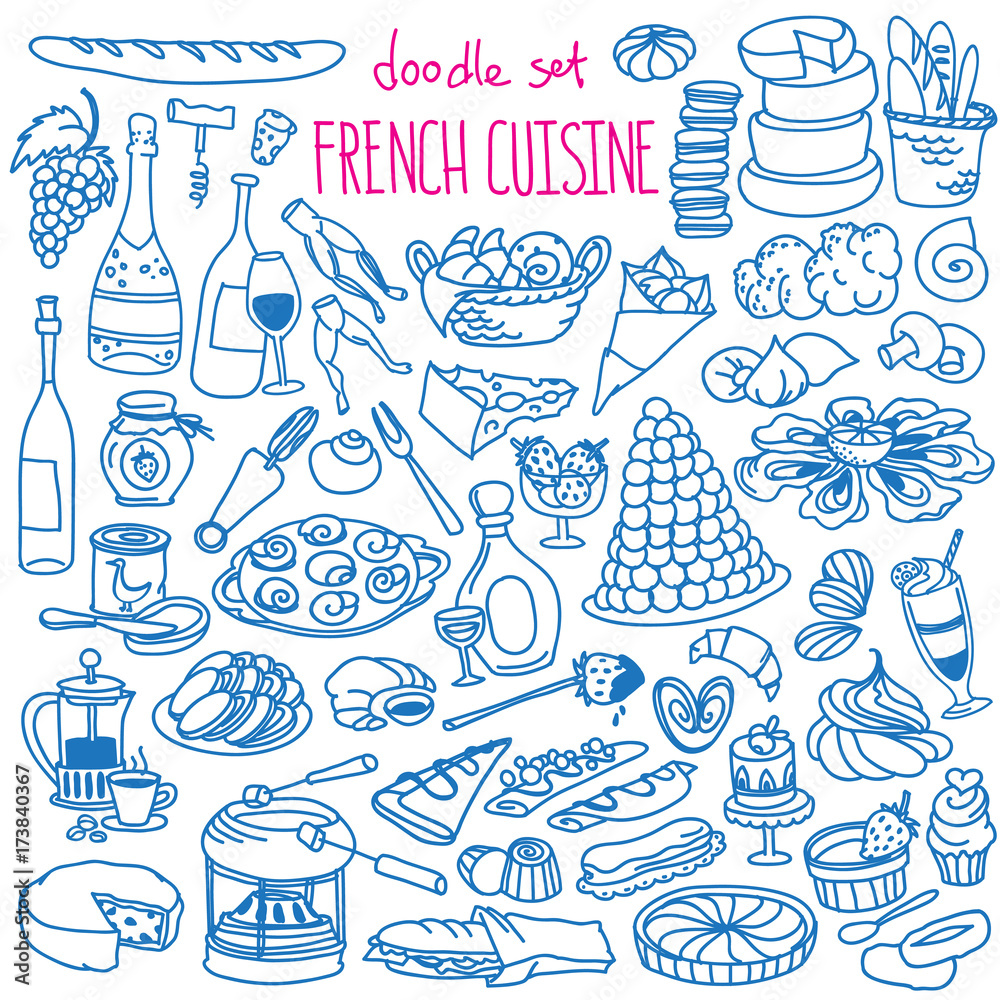 French cuisine doodle set. Traditional food and drinks - baguette ...