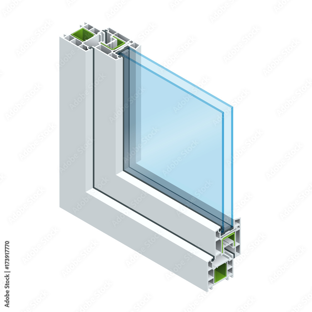 Isometric Cross section through a window pane PVC profile laminated ...