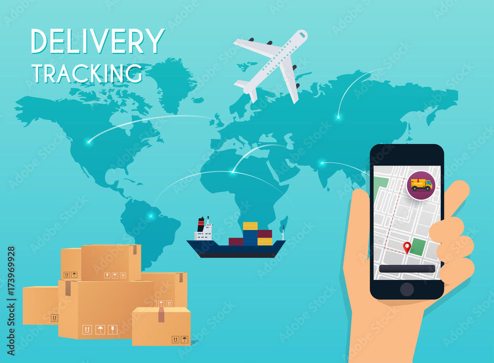 Hand holding mobile smart phone with app delivery tracking. Vector modern flat creative info ...