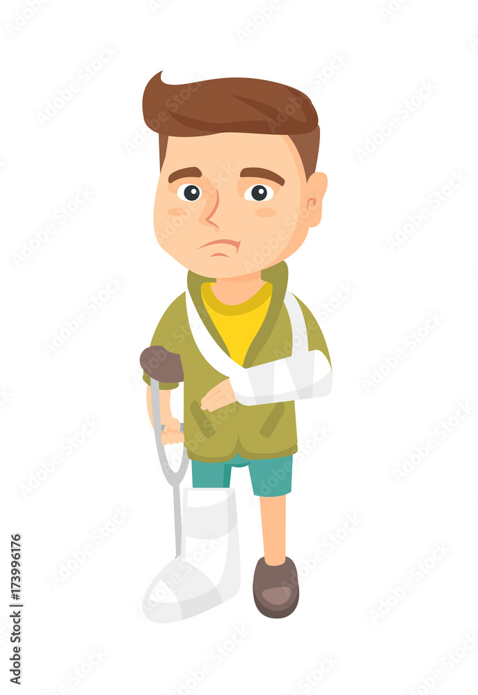 Image vectorielle Stock Caucasian sad injured boy with broken arm and ...