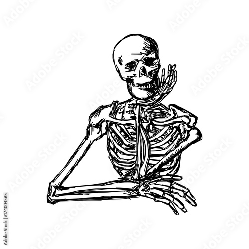 human skeleton keeping hand on chin vector illustration sketch hand ...