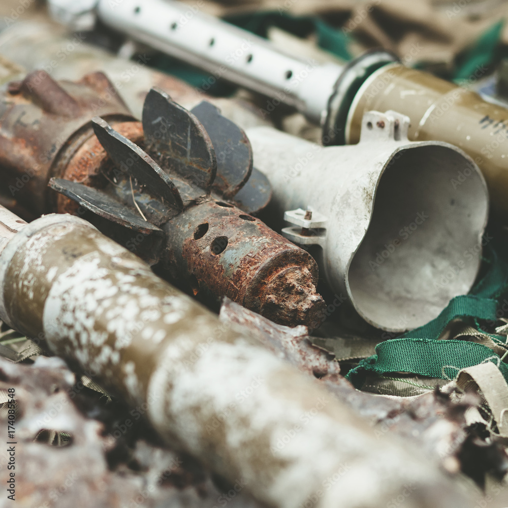 remnants of shells anti-tank rocket propelled grenade launcher and High ...