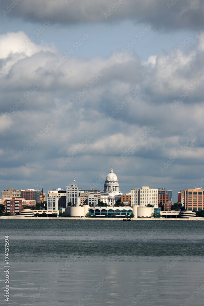 Downtown skyline of Madison,the capital city of Wisconsin,USA.Morning ...