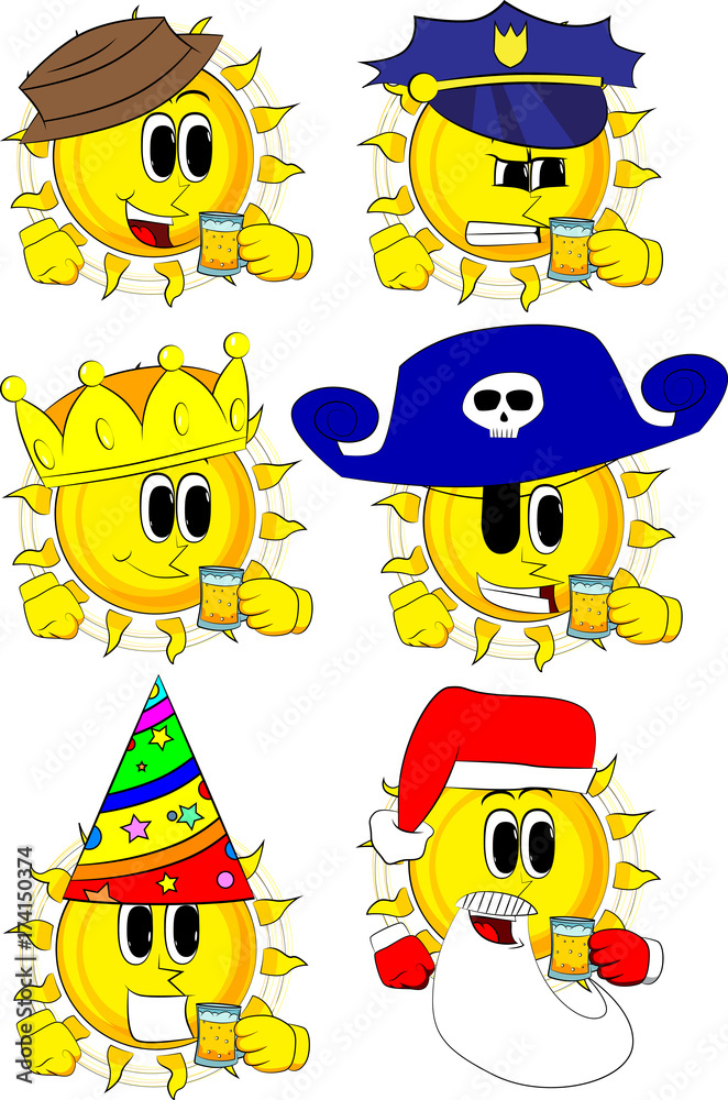 Cartoon sun drinking beer. Collection with costume. Expressions vector ...