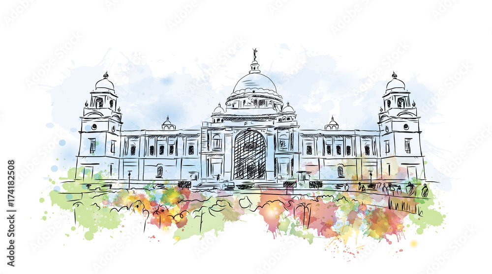 Watercolor sketch of Kolkata Victoria Memorial, India in vector ...
