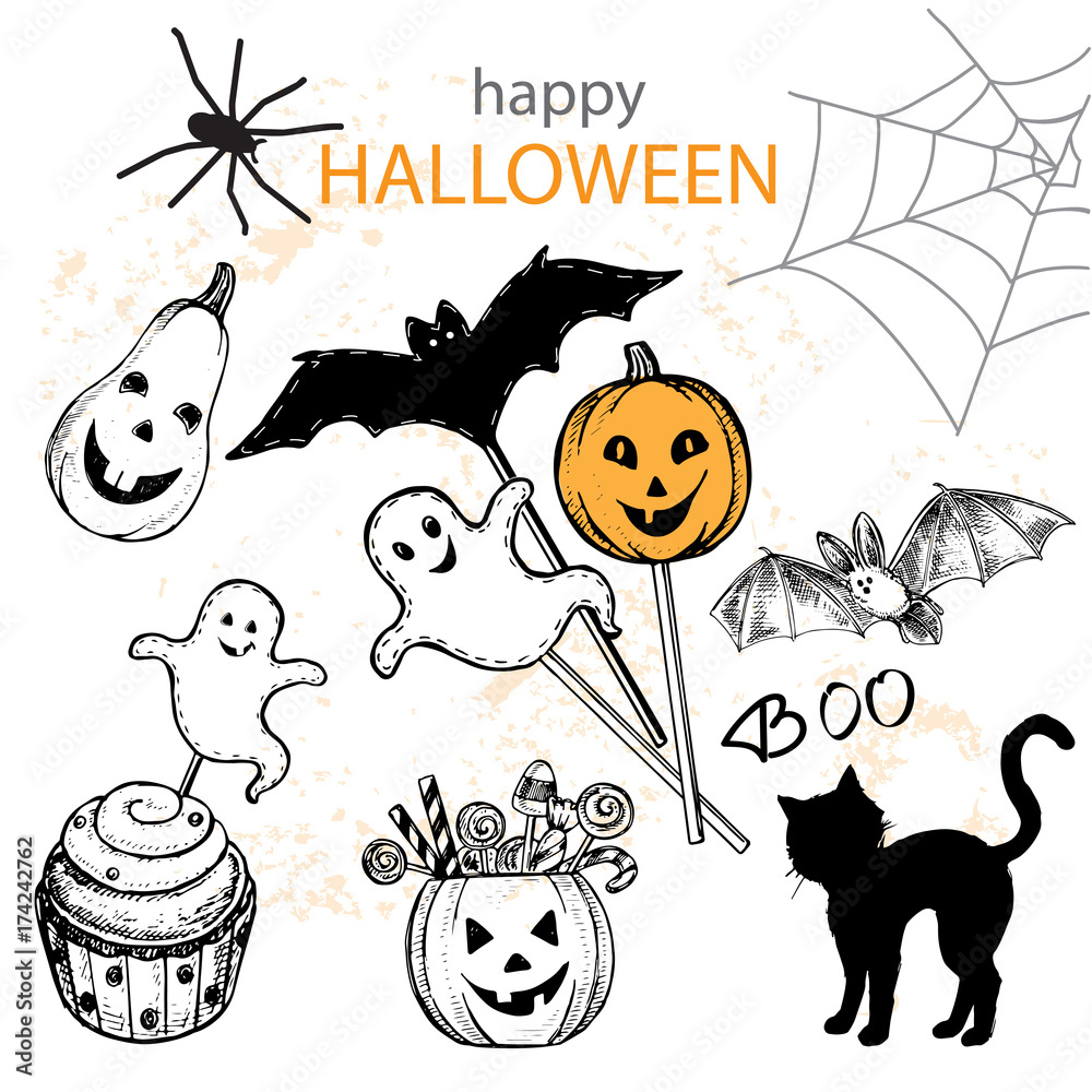 Halloween pumping, bat, black cat, spider and ghost on a white ...