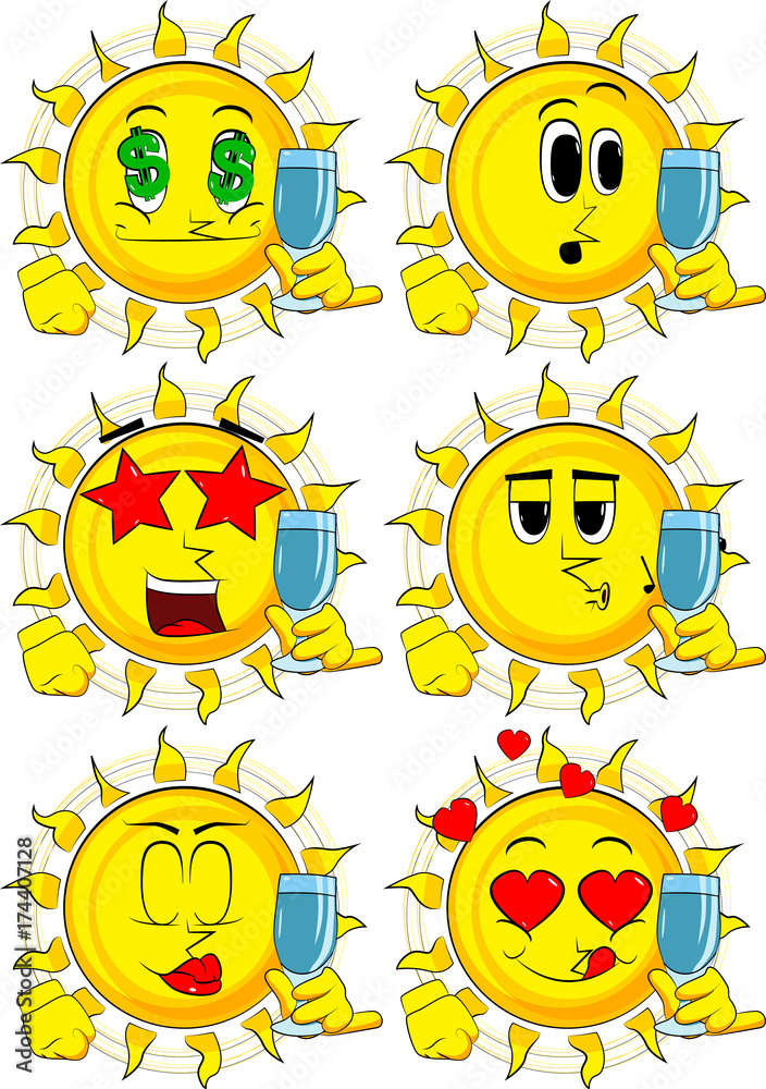 Cartoon sun with with a glass of water. Collection with various facial ...