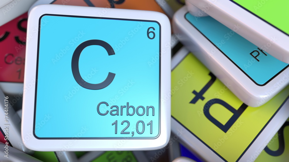Carbon block on the pile of periodic table of the chemical elements ...