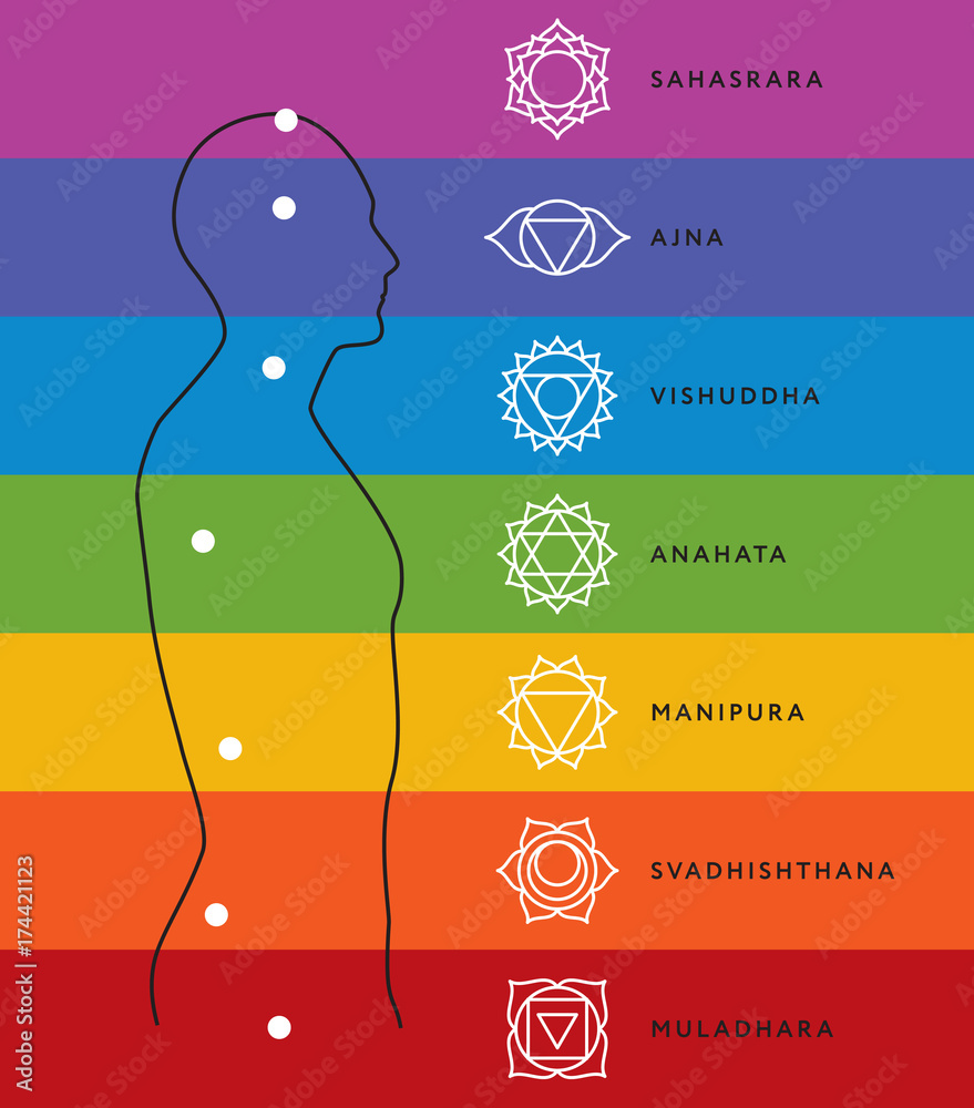 Chakra system of human body chart. Seven chakra symbols. Location ...