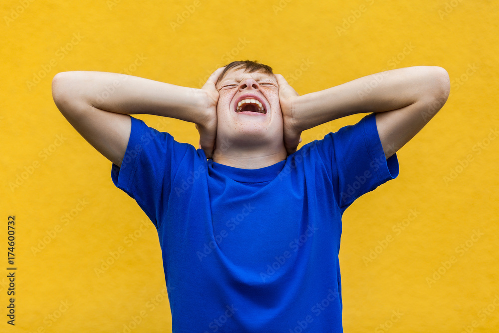 Headache. Young boy touching head and have a migraine. Stock Photo ...