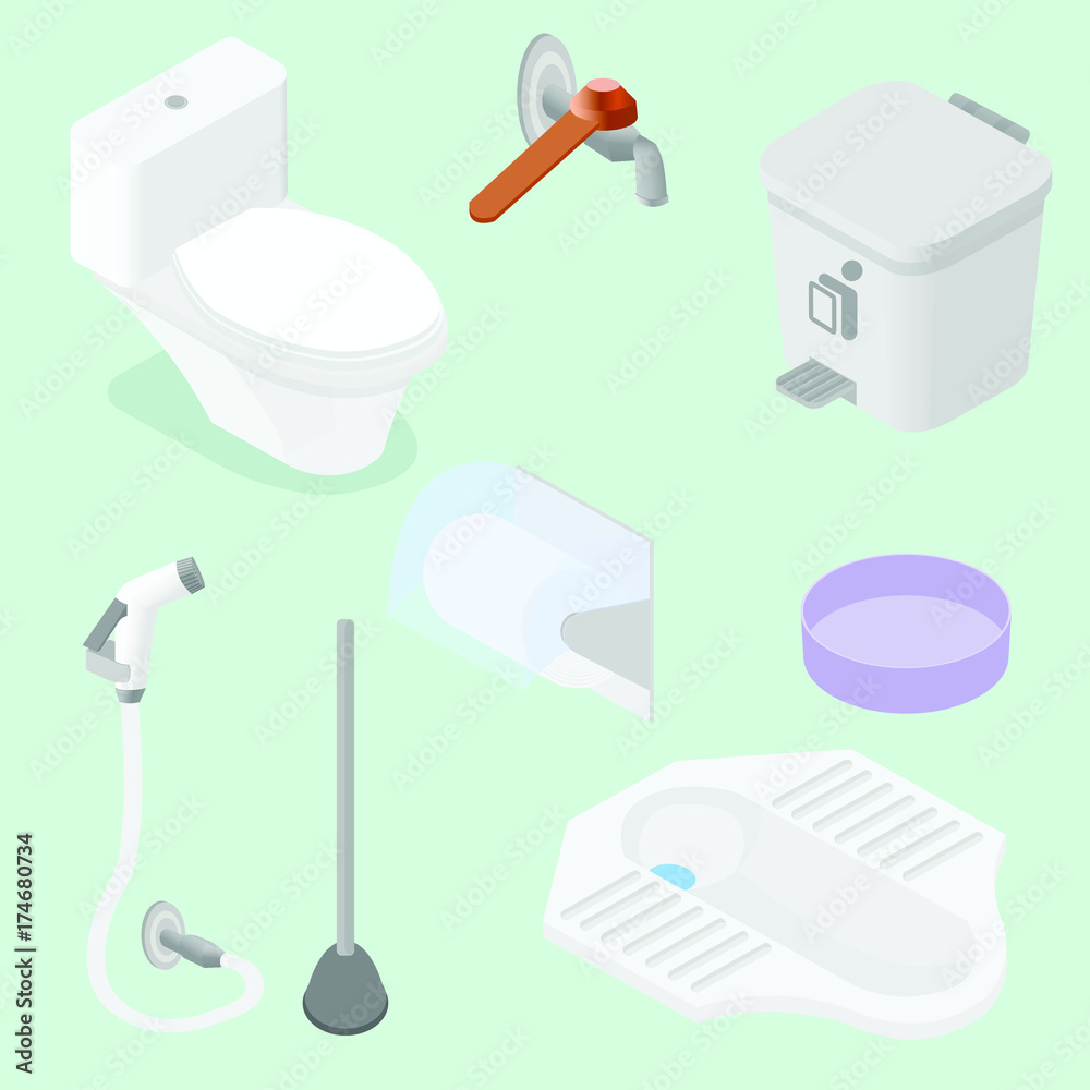 Stock-Vektorgrafik „isometric Bathroom and toilet equipment accessories ...