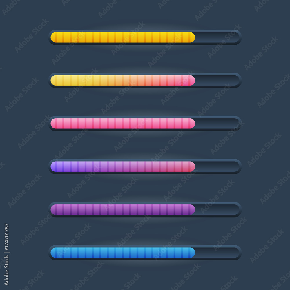 Set of six game resource bar in cartoon style with vertical stripes ...