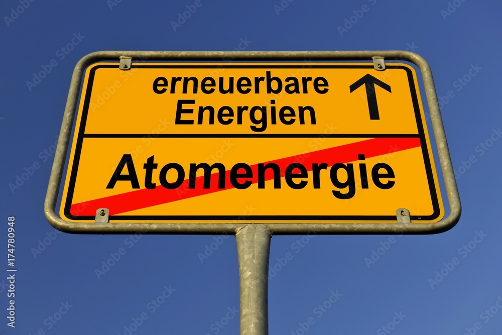 Symbolic image in the form of a town sign, in German, exit from atomic ...
