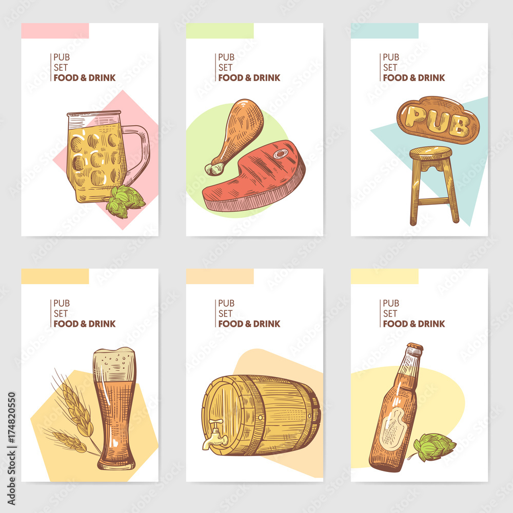 Beer Pub Brochure Template. Hand Drawn Restaurant Menu with Food and ...