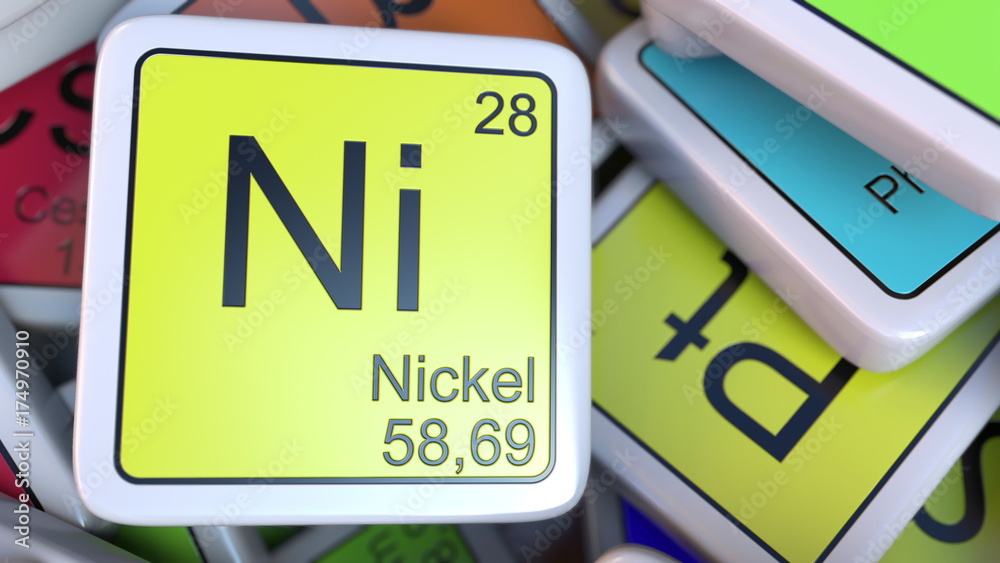 Nickel Ni block on the pile of periodic table of the chemical elements ...