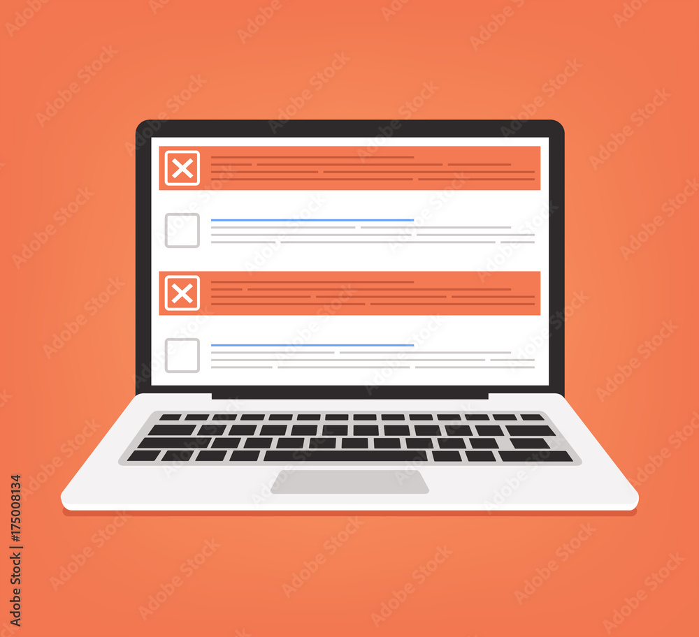 Laptop and checkboxes with red cross mark. Checklist concept. Vector ...