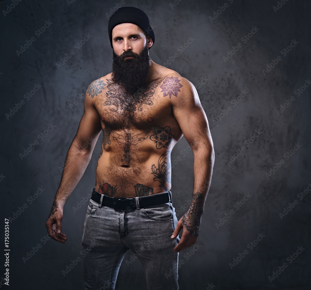 Shirtless Muscular Bearded Male Holds Dumbbell Stock Photo Adobe Stock