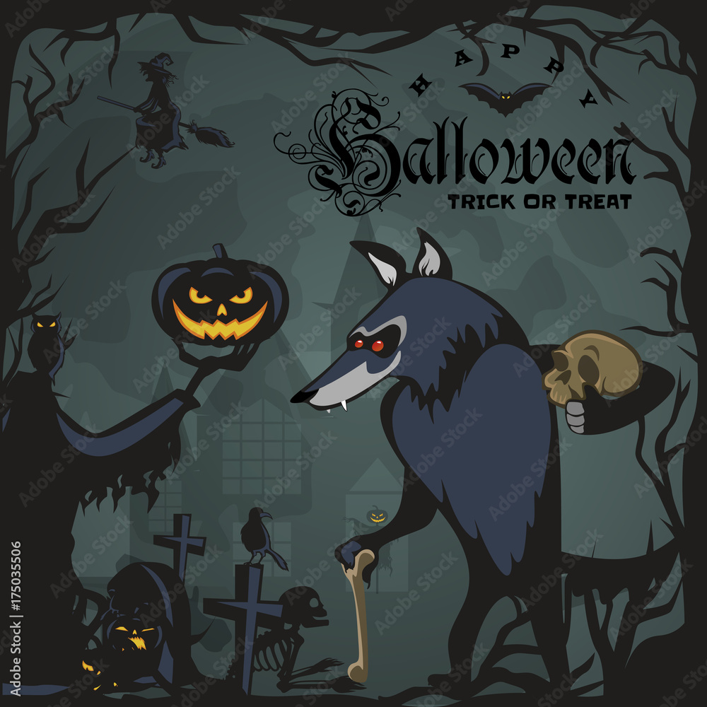 Werewolf holding skull on halloween on the cemetery background, horror ...