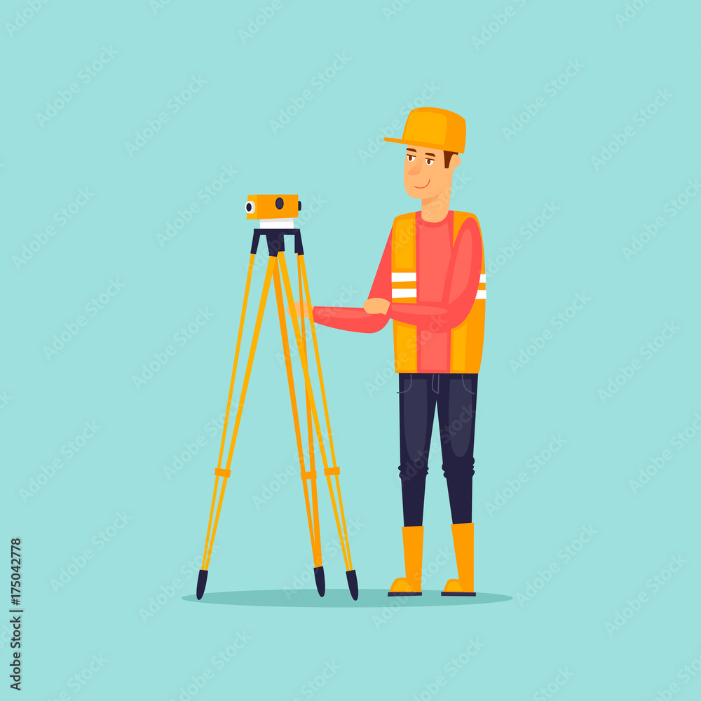 Surveyor makes measurements. Flat vector illustration in cartoon style ...