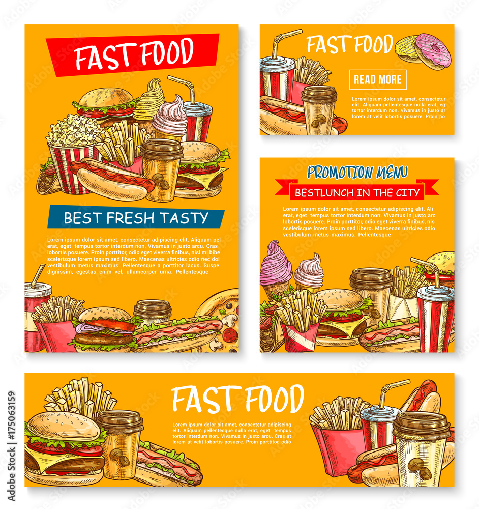 Fast food restaurant vector sketch posters Stock Vector | Adobe Stock