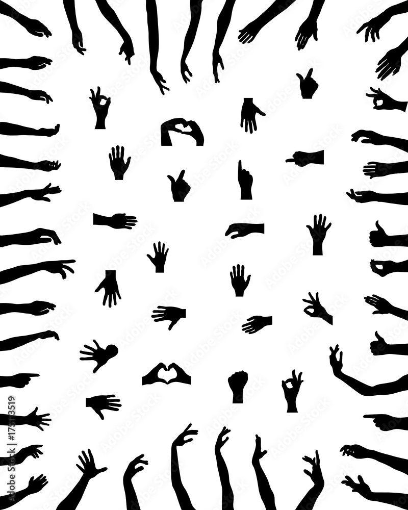 Silhouettes of hands in various positions on a white background Stock ...