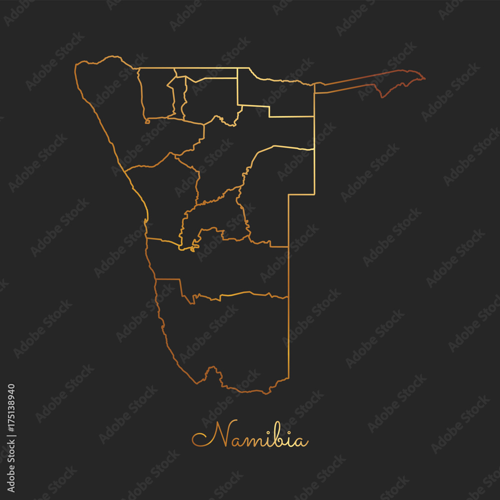 Namibia region map: golden gradient outline on dark background. Detailed map of Namibia regions ...