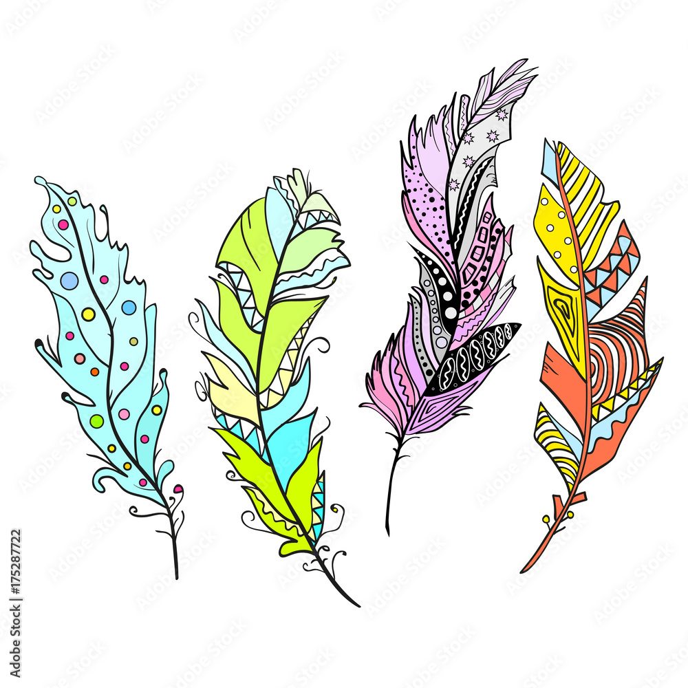 Feathers. Design Zentangle. Hand drawn feather with abstract patterns ...